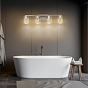 SineRise 4-Light Brushed Nickel Vanity Light with 3 Color Modes (3000K/4000K/6500K), Eye Protection LED Bathroom Light Fixture, Dimmable Modern Wall Light Over Mirror with Clear Glass Shades