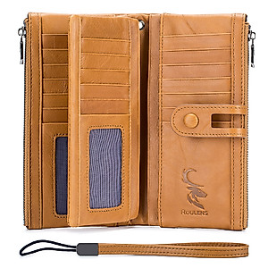 Roulens Wallet for Women Large Capacity Genuine Leather Bifold RFID Blocking Card Holder Clutch Travel Purse Wristlet