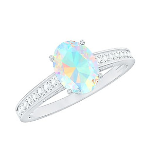 Certified Natural Opal 6X8mm Oval Shape Engagement Ring with Diamond, AAA Quality - With Jewelry Box, 14K White Gold, Size:US 6.00