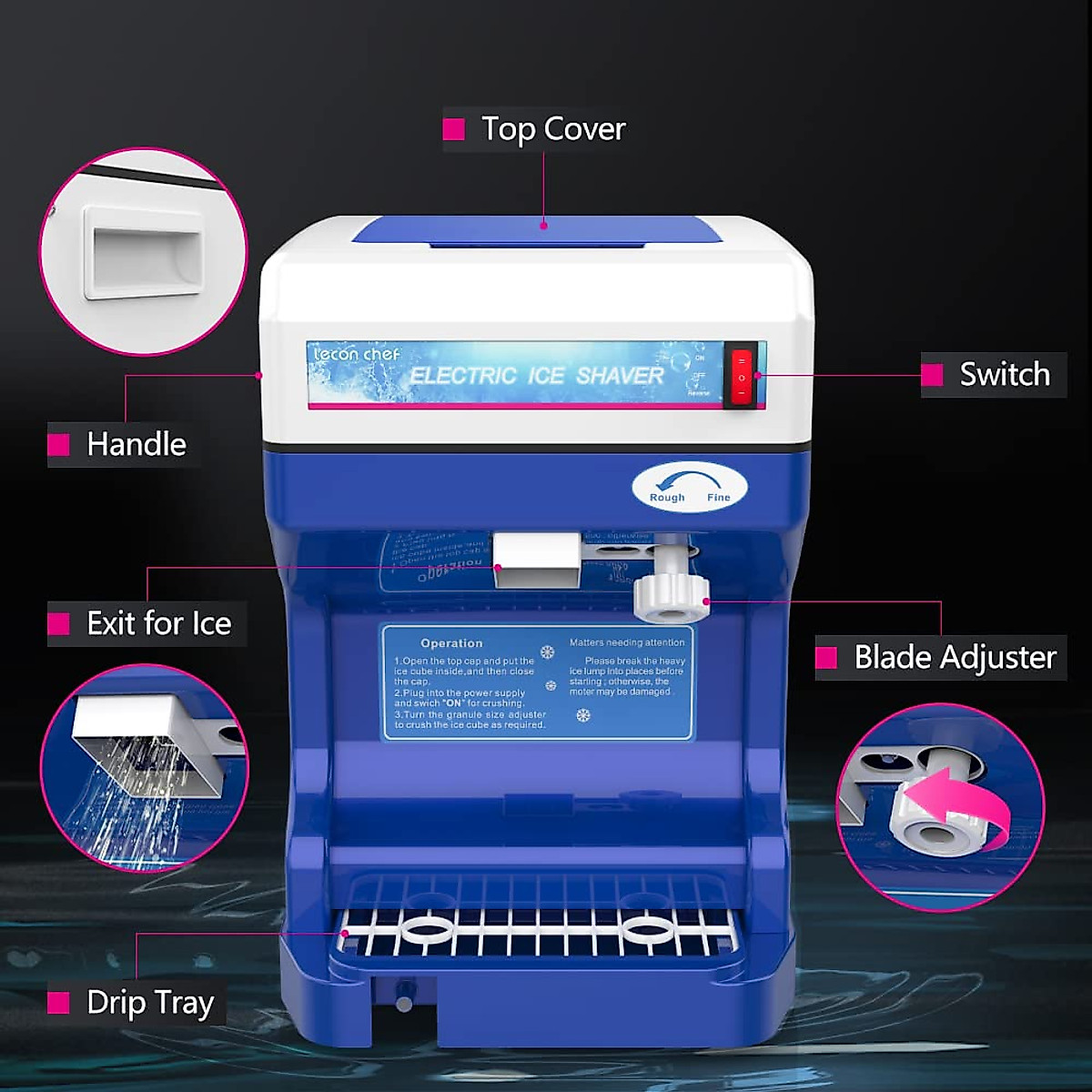 Leconchef Electric Tabletop Ice Crusher Shaver Snow Cone Maker Machine 265lbs/hours for Home&Commercial Use Adjustable Ice Fineness 320 RPM Rotate Speed Strong power