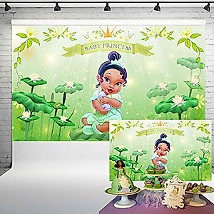 Baby Tiana Naby Shower Backdrop Princess Birthday Party Banner for Cake Table Princess and Frog Theme Photo Back Drop Photography Studio Props 5x3 ft 62, Clear