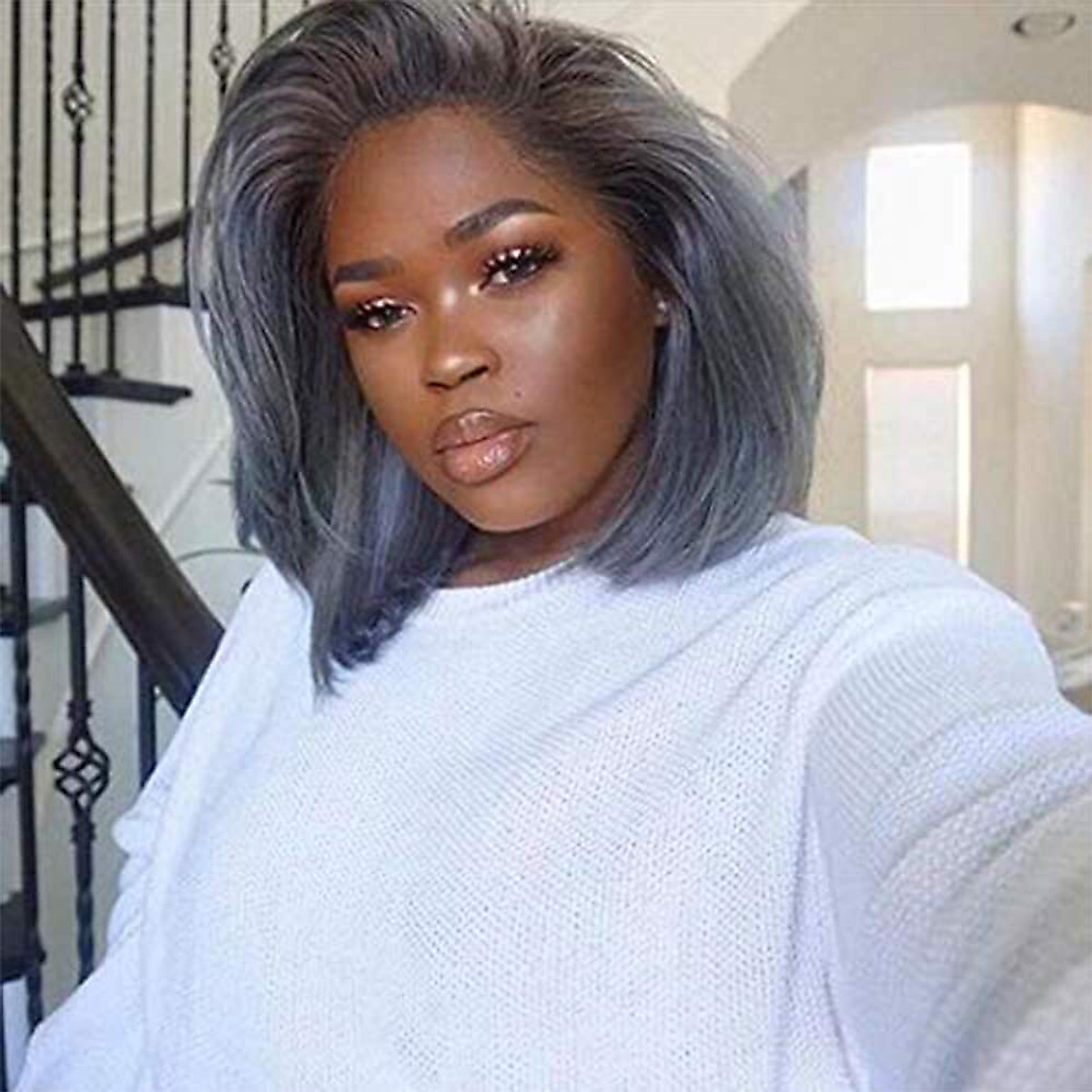 Divine Hair Short Bob Wig For Black Women Grey Bob Hairstyles Synthetic Pixie Cut Hair Wigs Heat Resistant Women's Fashion Wigs Gray bob with side part wig