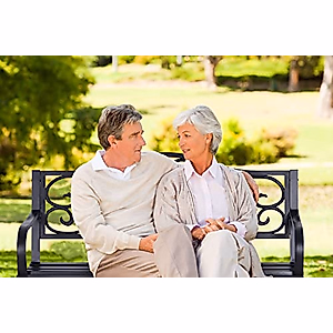 MFSTUDIO 50 Inches Outdoor Garden Bench,Cast Iron Metal Frame Patio Park Bench with Floral Pattern Backrest,Arch Legs for Porch,Lawn,Garden,Yard（Black）