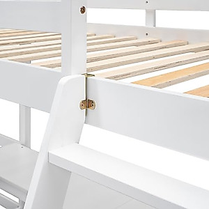 DRELOFT Twin Size L-Shaped Double Loft Beds with 2 Built-in Desks and Ladder, Wood Double High Loft Bed Frame with Safety Guardrails for Kids, Teens, Boys and Girls, 2 Beds in 1 Designed, White