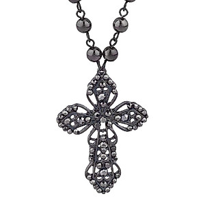 LUX ACCESSORIES Classic 80s Gothic Rosary Cross Beaded Pendant Necklace (HEM)