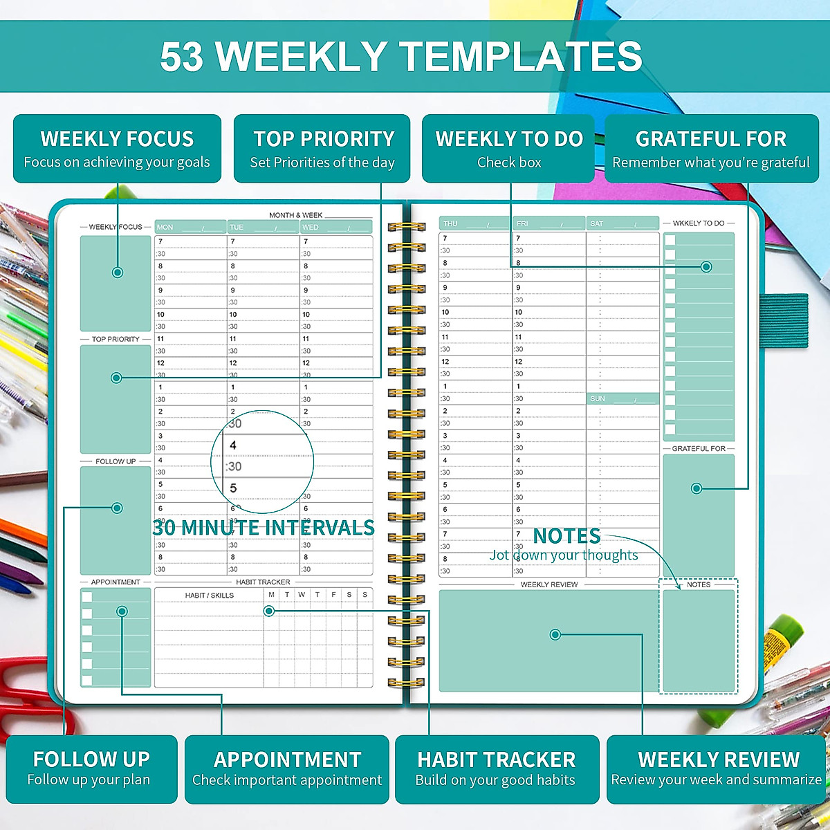 Weekly Schedule Planner Undated with Year Weekly Monthly, Hourly Appointment Book Academic Planner, 53 Weeks,12 Month Journal Notebook Productivity with TwinWire Binding Flexible Cover for School