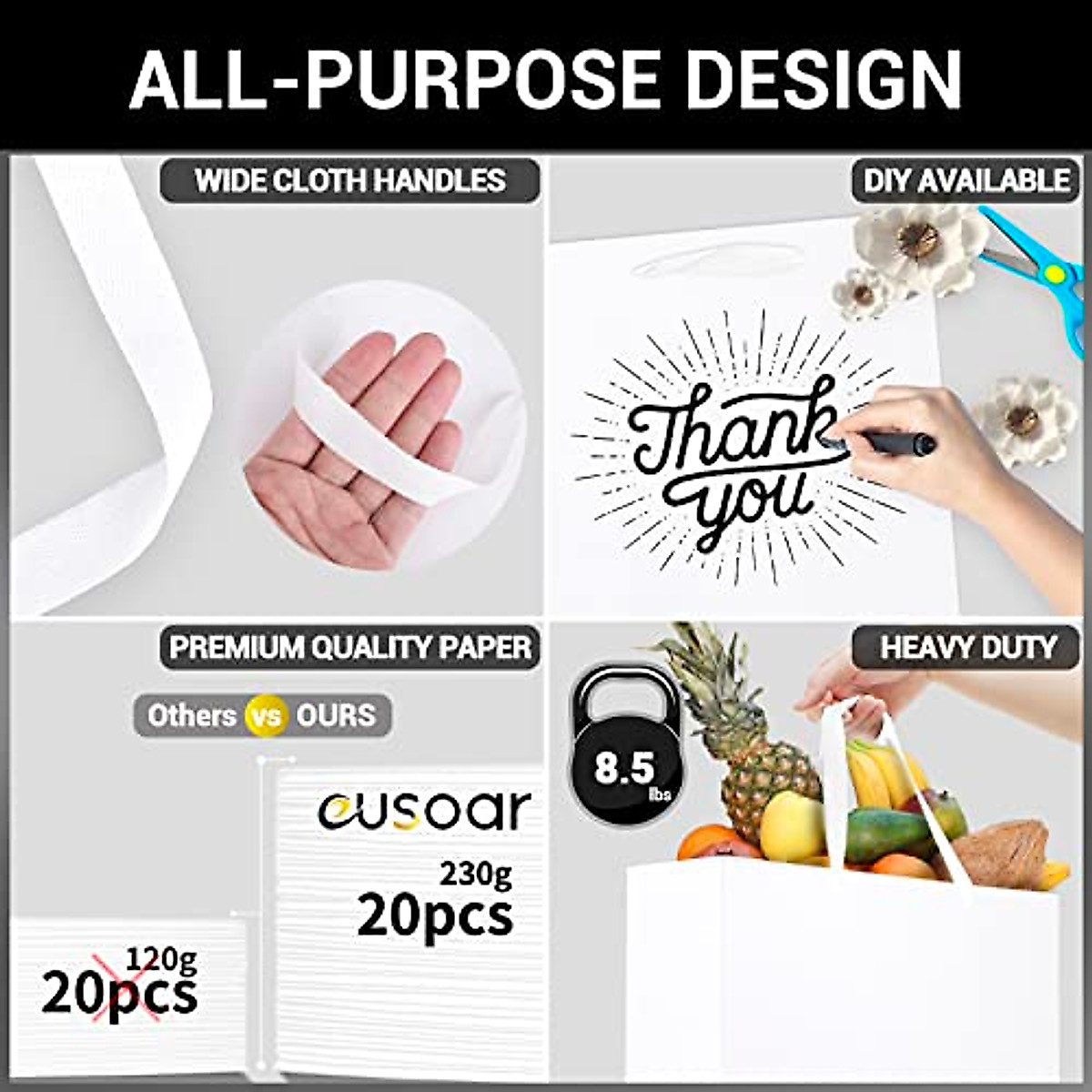 EUSOAR Gift Wrap Bags with Handles, 20 Pack 10.6x3.1x8.3 inches Small White Kraft Paper Bags Bulk, Heavy Duty Bags for Wedding, Grocery, Boutique, Retail, Business, Party Favors, Birthdays
