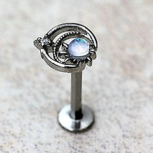 Pierced Owl 16GA Outlined Crescent Moon with Opalite Sun 316L Surgical Stainless Steel Flat Back Labret Monroe Lip Cartilage Helix Tragus Conch Ear Lobe Stud