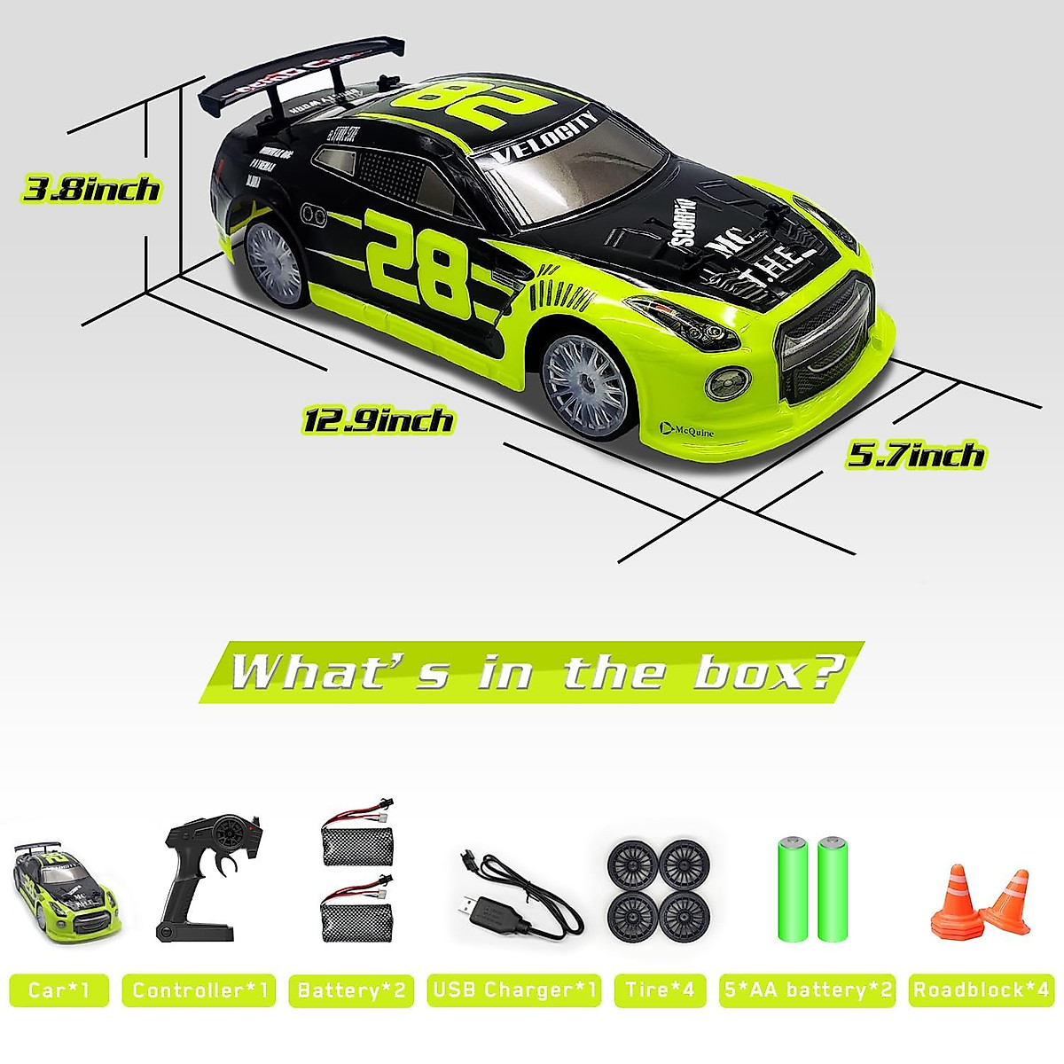RACENT 2.4GHz 4WD 25KPH High Speed RC Drift Car with LED Lights, PVC Shell, ABS Base, Rechargeable Batteries, Toy Gift for Kids & Adults