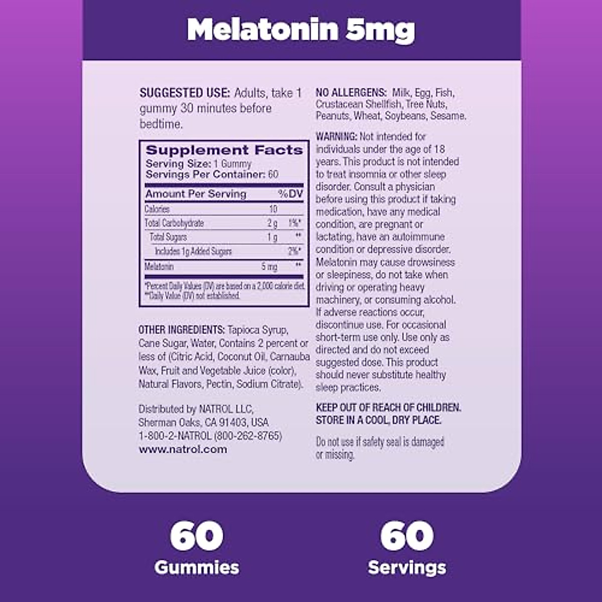 Natrol 5mg Melatonin Gummies, Sleep Support for Adults, Melatonin Supplements for Sleeping, 60 Strawberry-Flavored Gummies, 30 Day Supply