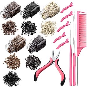 16 Pcs Hair Extension Tool Kit Remove Pliers 2500 Micro Silicone Rings Bead Pulling Hook Needle Loop Needle Threader 2 Combs 500 Black Mini Rubber Bands 5 Plastic Clips for Hair Styling Tool Accessory
