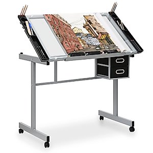 Magshion Drafting Table Artist Desk with Adjustable 65° Tilting Clear Glass Tabletop, Portable Art Desk with 2 Storage Drawers and 2 Lockable Rolling Casters for Artists Painters Student (Clear)