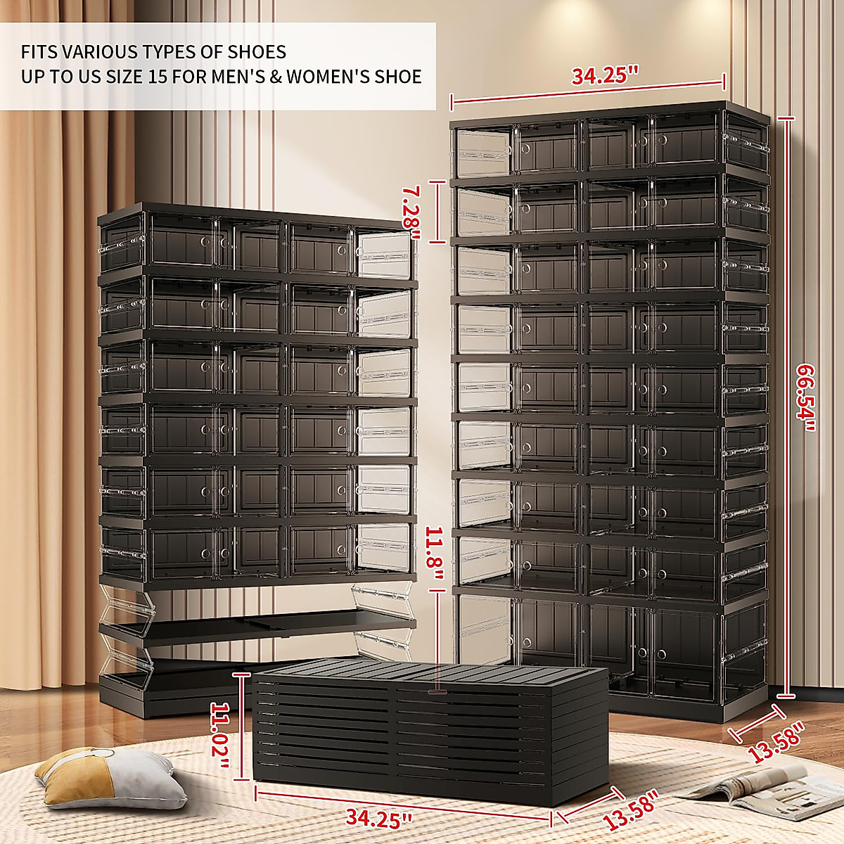 CIMLORD 9-Tier Foldable Shoe Rack for Closet Entryway 18-36Pairs,Stackable Clear Shoe Storage Boxes Organizer with Door Plastic Shoe Cabinet Bins with Lids Shoes Shelf Easy Assembly Large Black