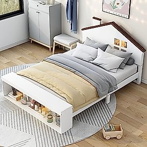FIQHOME Full Size House Platform Bed,Wooden Kids Full Platform Bed Frame with LED Lights and Storage, Cute Single Full Led Bed for Girls Boys,No Box Spring Needed,White