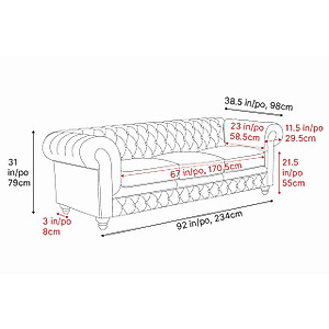 Valencia Parma 92" Leather Chesterfield Sofa | Full-Aniline 3 Seats Italian Leather Couch | Artisan Crafted Nailheads | Mid Century Classic Design - Leather Sofa, Chocolate