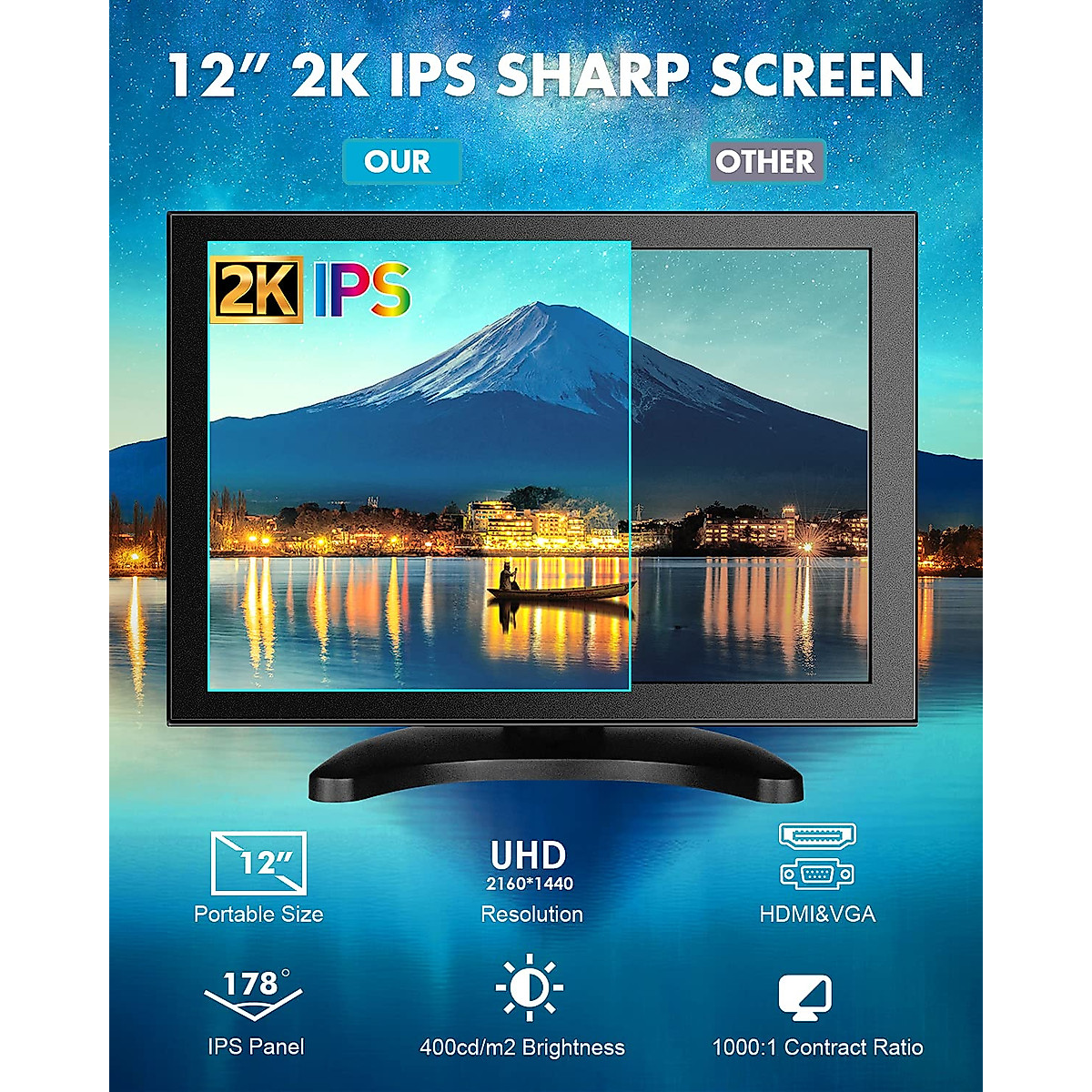 Eyoyo 2K Small Monitor 12 Inch QHD 2160x1440, Thin IPS HDMI Screen CCTV Security Monitors VGA Portable Monitor for Laptop PC Computer PS4 PS5 Switch 4B/3B+/3B Windows 7/8/10