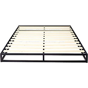 Mellow Modernista Low Profile 6 Inch Metal Platform Bed Frame with Classic Wooden Slat Support Mattress Foundation (No Box Spring Needed), Queen, Black