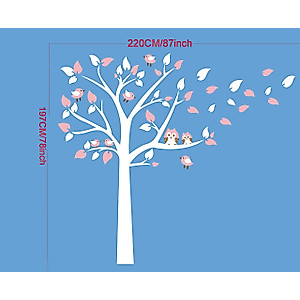 LUCKKYY Cute Owls with Birds Stand on The Tree Wall Decals Tree Wall Decals Tree Wall Sticker for Kid Baby Nursery Room (87x78") (Pink.)