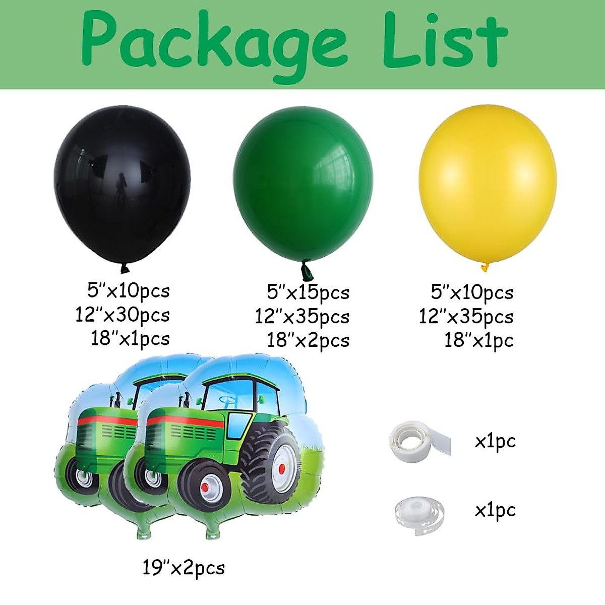 Tractor Balloon Garland Arch Kit 141PCS Farm Dark Green Black Yellow Balloon with Tractor Foil Balloon for Farm Themed Boy Birthday Baby Shower Party Decorations