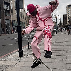 Soosuihoo Pink Spider Full Zip Hoodie Y2k Rhinestone Skull Streetwear Skeleton Hoodies Goth Grunge Oversized Jacket (L, Pink)