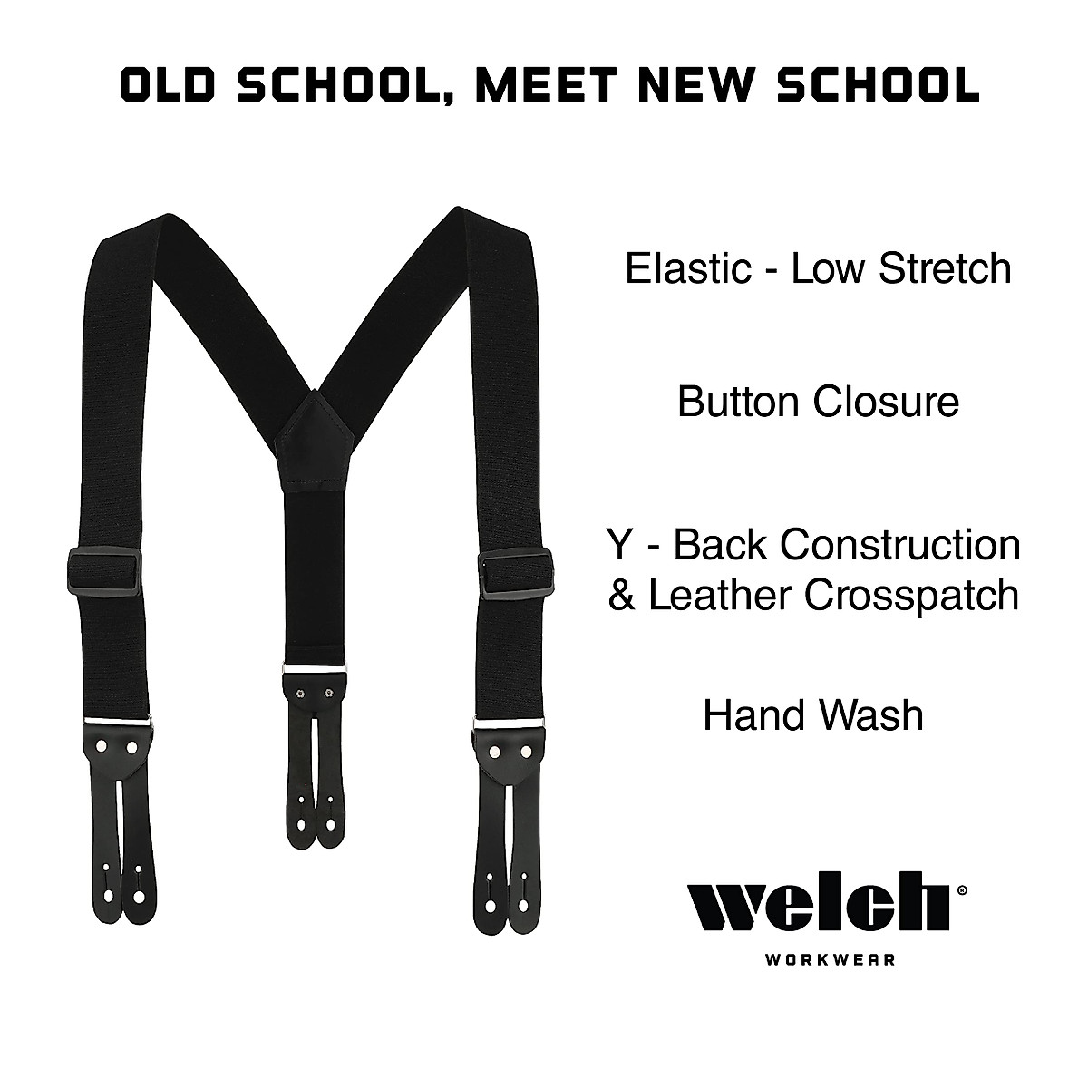 Welch, WK-3854Y-LEF-BLK, Tuff Stuff Work Suspenders for Men and Women - Button on Pants, Heavy Duty 2" wide Elastic, Adjustable Strap, for Jeans, Pants, and Trousers, Size Medium, Black