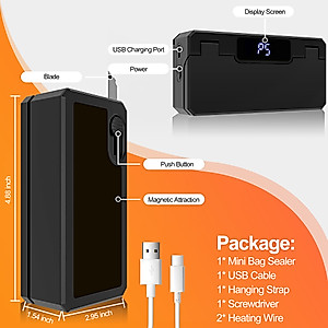 Mini Bag Sealer,3 in 1 USB Rechargeable Heat Sealer and Cutter,5 Adjustable Gears Chip Bag Sealer,with 3000mAh Battery and 3.8" Heating Strip Seal for Chip Bags, Plastic Bags, Snack Bags (Black)