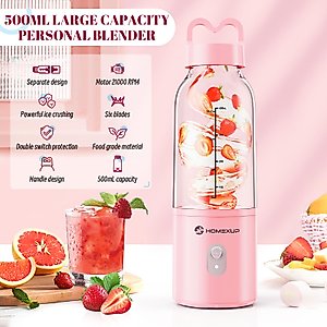 Portable Personal Blender 17 OZ/500 ML Juicer, 175W Personal Size Blender, Ideal for Smoothies, Ice Blending, Juicing, and Food Processing, Compact, Convenient, and Versatile (Pink)