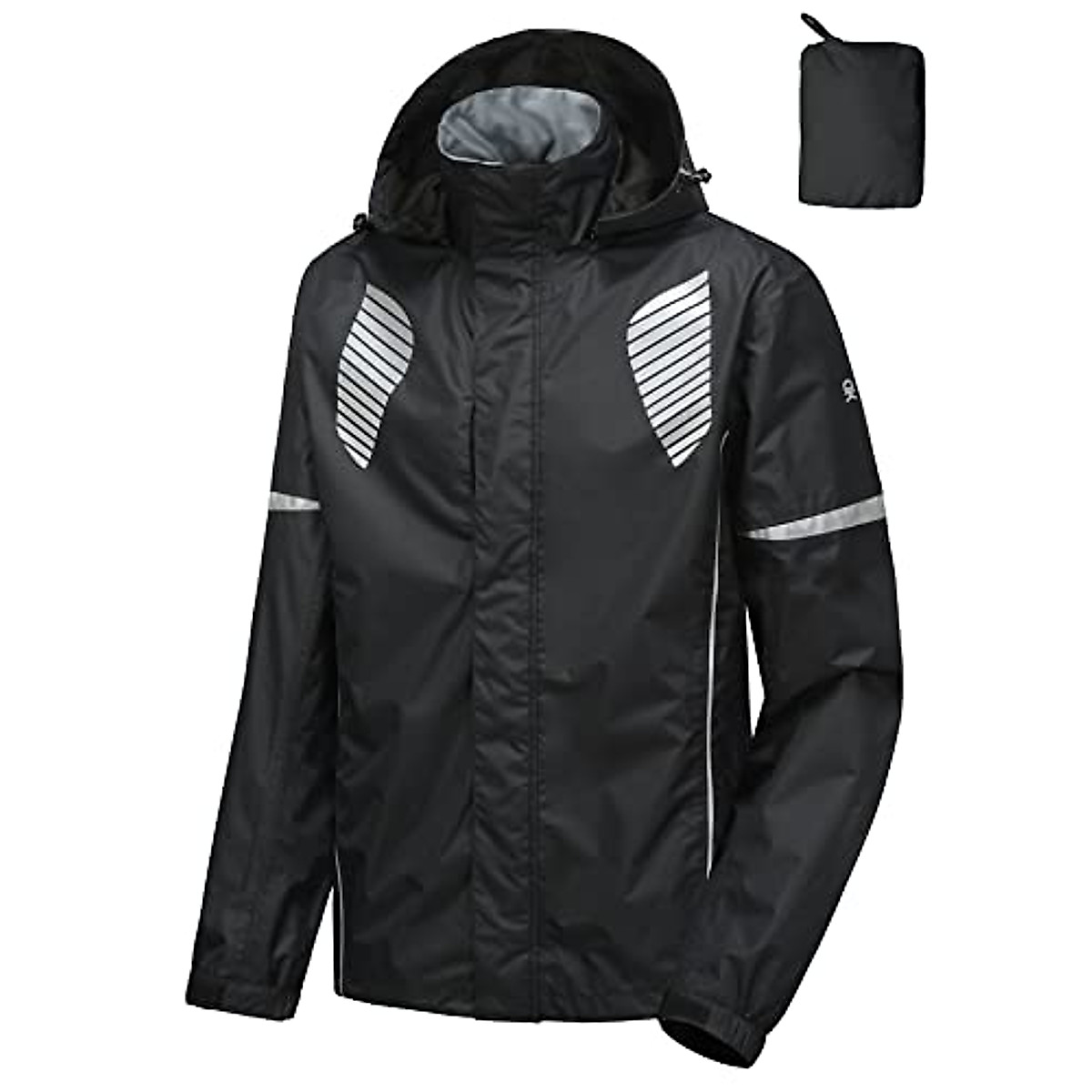 Little Donkey Andy Men's Waterproof Running Cycling Rain Jacket Reflective Raincoats Packable Windbreaker Removable Hood Black S