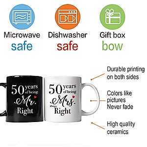 FALJIOK 50 Year Anniversary Coffee Mugs Set of 2, 50 Years of Being Mr Right &amp; Mrs Always Right Mug 11oz, 50th Wedding Anniversary Mug Gifts for Couple Parents Grandparents