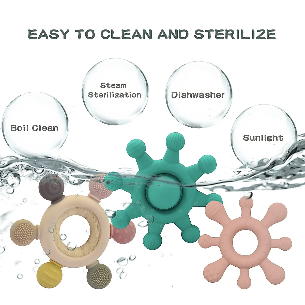 Baby Teething Toys Silicone Chewable Teethers BPA Free Silicone Rudder with Removable Wooden Ring for Soothing Babies Gums Teethers for Babies 0-24 Months (Beige,6 Directions)