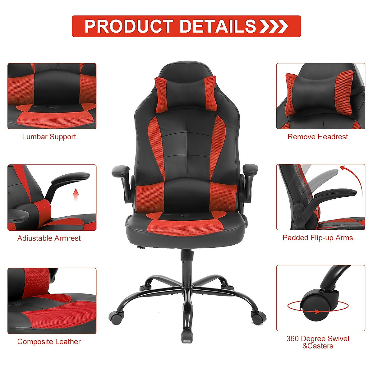 Meet perfect Gaming Chair Ergonomic Office Chair Desk Chair Leather Computer Chair Lumbar Support and Head Pillow Modern Executive Chair Adjustable Rolling Swivel Task Chair Home Office Chair, Red