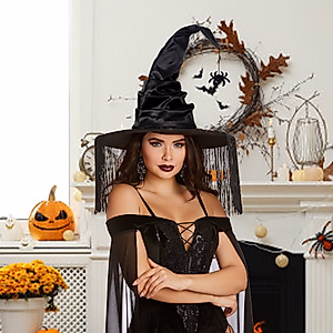 JUSTOTRY Witch Hat for Women - Halloween Women Costume Black Witches Hats with Dangle Fringe for Hallowee Decor Accessories Hocus Pocus Party Favor
