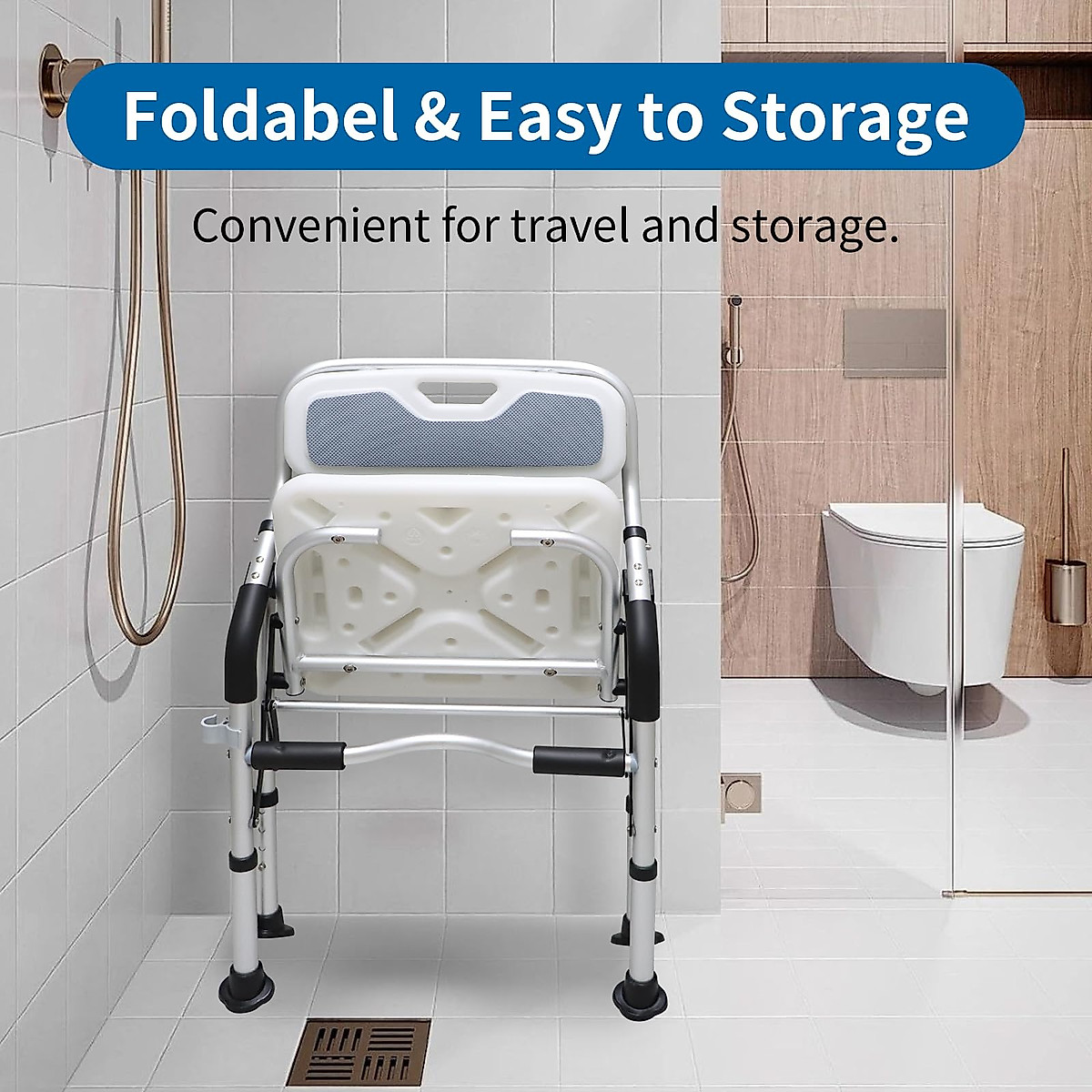 Folding Shower Chair for Inside Shower, Foldable Shower Chair for Seniors Elderly Handicap Disabled, Bath Shower Seat with Arm and Back for Adult, Bathroom Tub Transfer Bench (Grey, L)