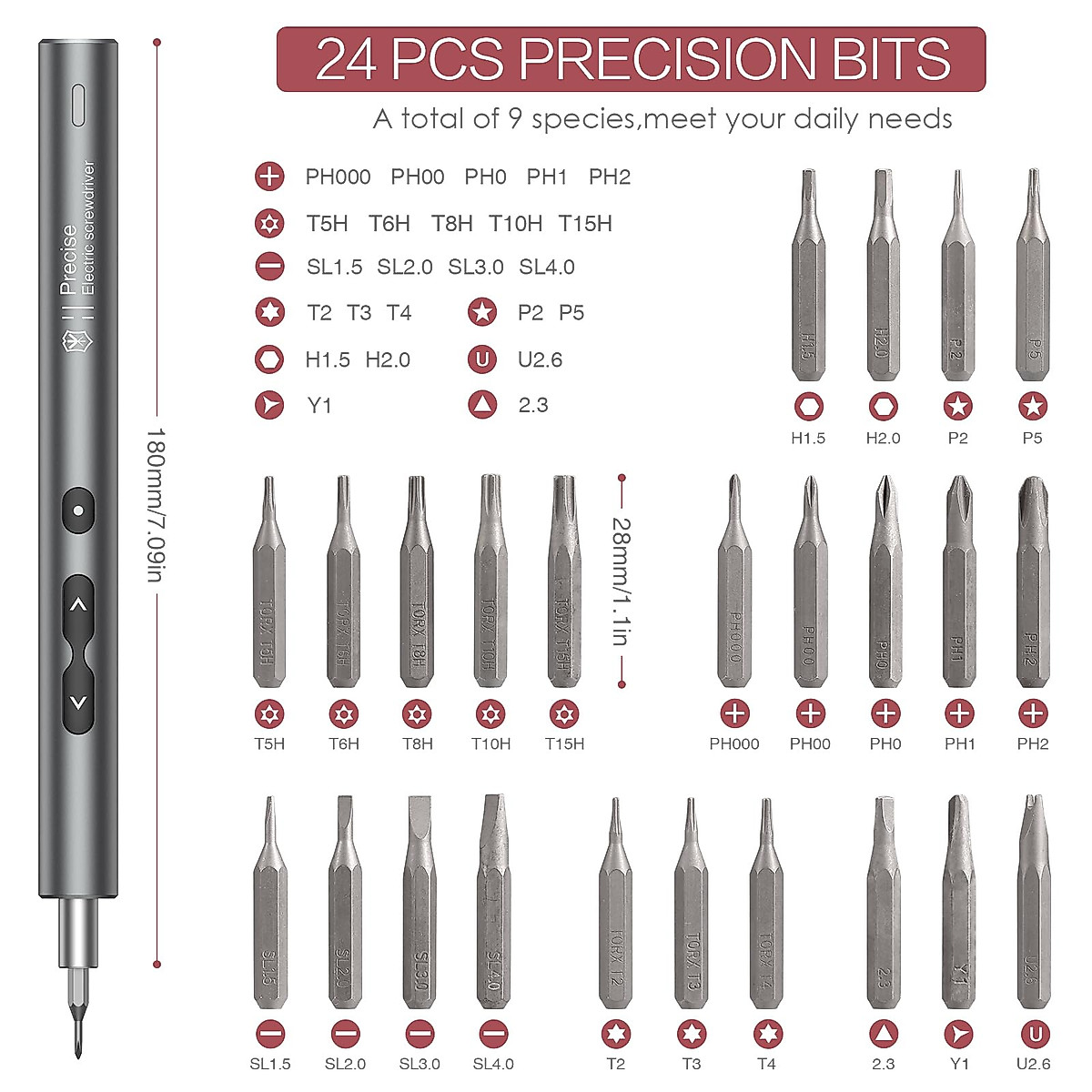 LOFICOPER Mini Electric Screwdriver, Precision Screwdriver Set, 28 in 1 Cordless Home Repair Tool Set with 24 Bits, Magnetizer, Type-C USB Charging Port, Black