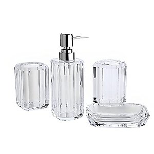 Holyfire Bathroom Accessory Set, 4-Piece Decorative Clear Acrylic Bathroom Decor Accessories Set, Soap Dispenser, Soap Dish, Toothbrush Holder, Toothbrush Cup, Clear