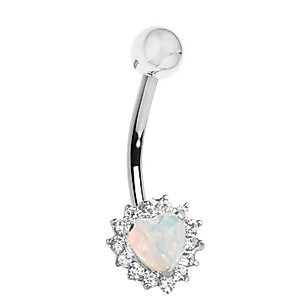 Ritastephens 14k White Gold Heart Created Opal Belly Navel Ring Cubic Zirconia