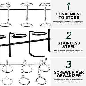 Housoutil 4Pack Pegboard Screwdriver Holders, Six- Tool Multi- Tool Organizer Racks, Stainless Steel Peg Board Tool Utility Hooks for Your Workbench, Garage, Tool Shed, or Craft Room (Black& Silver)