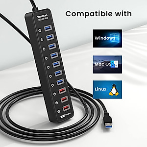vantisan Powered USB 3.0 hub, 11-Port USB Hub Splitter Extension 7 USB 3.0 Data Ports + 4 Smart Charging Ports with Individual LED On/Off Switches and 12V/3A Power Adapter for USB Devices.