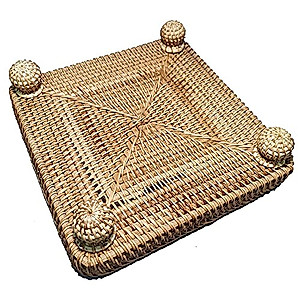 9 Inch Rattan Serving Basket, Square Woven Bowl with 1”Side and Pedestal Stand, Flat Wicker Decorative Snack Basket Trays for Bread, Fruit, Keys, Candy Dish, Rustic Platter, Display Riser, Exxacttorch