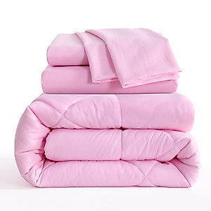 NTBAY Twin Comforter Set with Sheets, 5 Pieces Soft and Breathable Twin Bedding Set, Twin Bed in a Bag, Down Alternative Comforter Set Solid Color All Season, Kids Bedding Set, Pink
