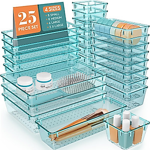 WOWBOX 25 PCS Plastic Drawer Organizer Set, 4 Sizes Desk Drawer Divider Organizers and Storage Bins for Makeup, Jewelry, Gadgets for Kitchen, Bedroom, Bathroom, Office, Sea Blue
