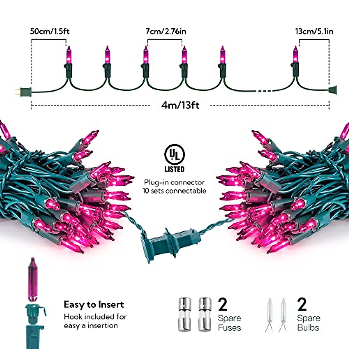 MYGOTO Purple Christmas Lights Outdoor, 2Pack 13Feet 50Count Halloween String Lights Connectable 120V Plug in for Outdoor Indoor Garden Party Christmas Xmas Tree Lights Decor (Purple)