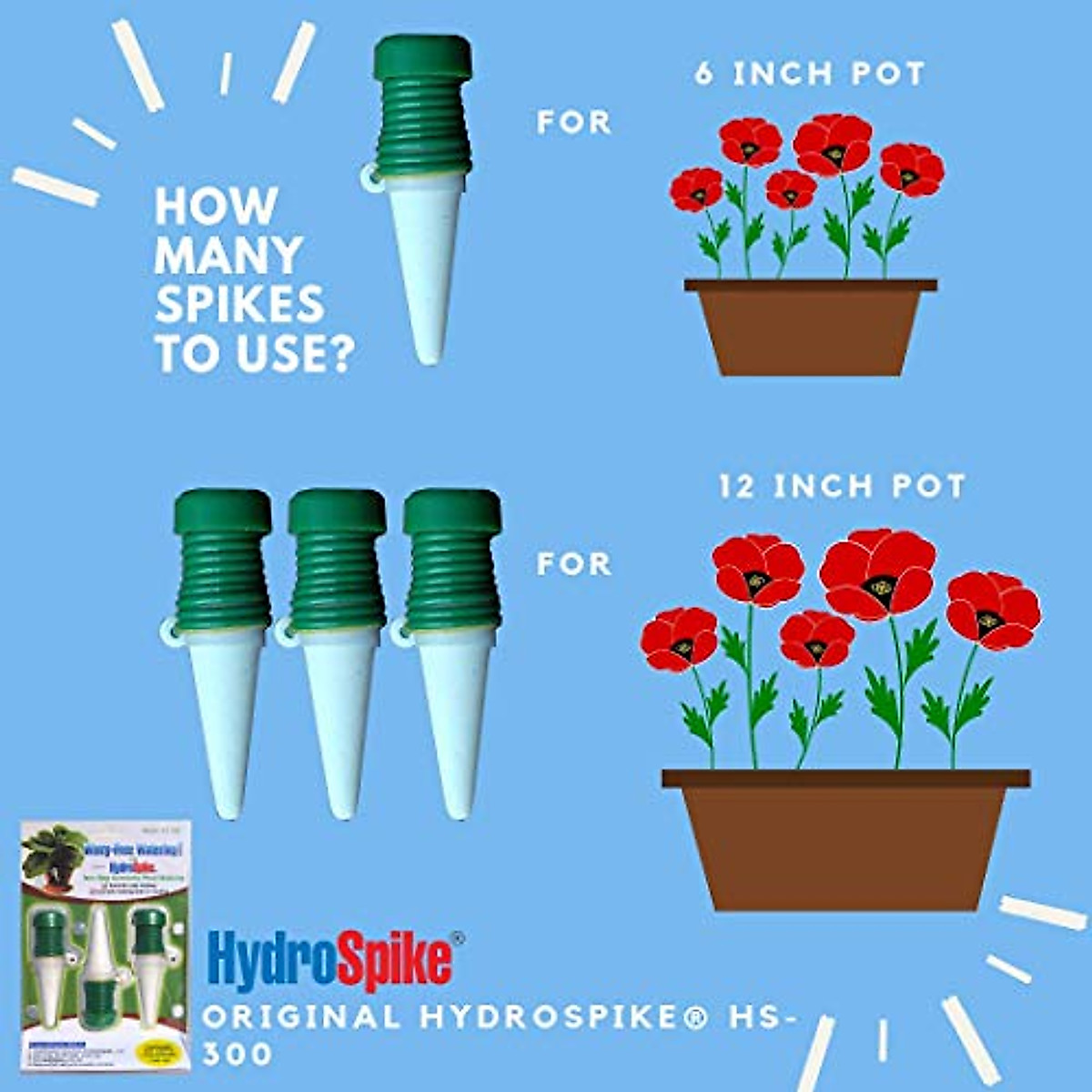 HydroSpike HS-300 (3-Pack) Worry-Free Automatic Plant Watering Devices Kit. Self Auto Waterer Spikes, Bulbs, Stakes Irrigation System for Indoor House Plants, Vacation. No Glass Globe Bottle, Jug, Can