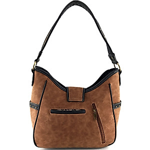 Justin West Patina Girl Western Bronze Floral Buckle Handbag Purse Tote and Strap Wallet (Brown Tote Only)