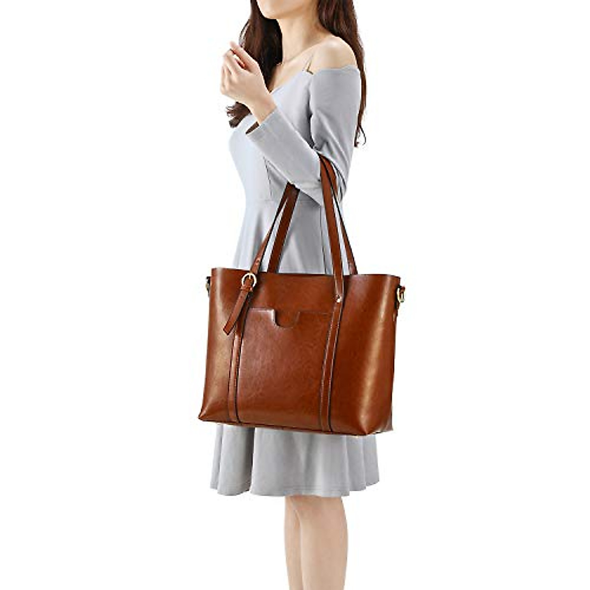 Kattee Genuine Leather Women Tote Bag Soft Handbags Vintage Shoulder Purses Fashion Top Handle Bag Large Capacity(Dark Brown)