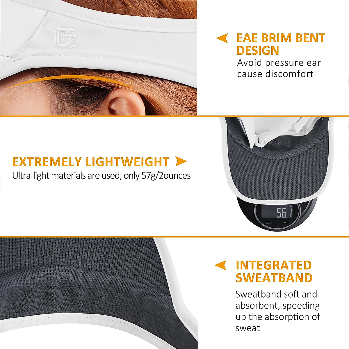 GADIEMKENSD Foldable Sport Sun Visor Hats Sun Caps UPF50+ Lightweight Ponytail Adjustable Hat for Golf Tennis Beach Running Hiking Football White