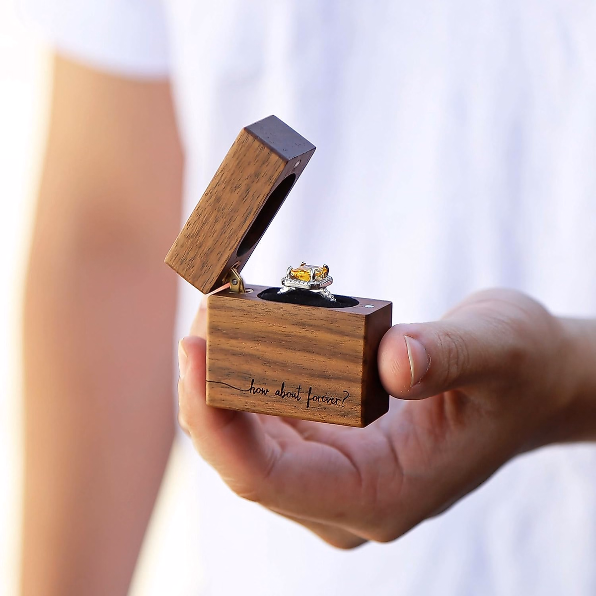 MUUJEE How About Forever - Engraved Wooden Proposal Ring Box, Ring Bearer Box for Wedding Ceremony, Engagement Photo Decor Idea