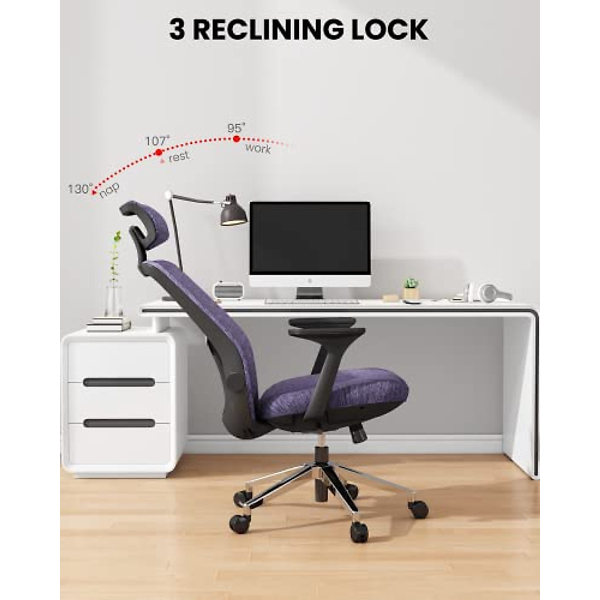 Dripex Mesh Office Chair for Home, Ergonomic Desk Chair with Arms/Lumbar Support/Mesh Back/Adjustable Headrest & Height/Wheels, Computer Chairs Tilt Reclining Swivel Rolling Chair, Purple
