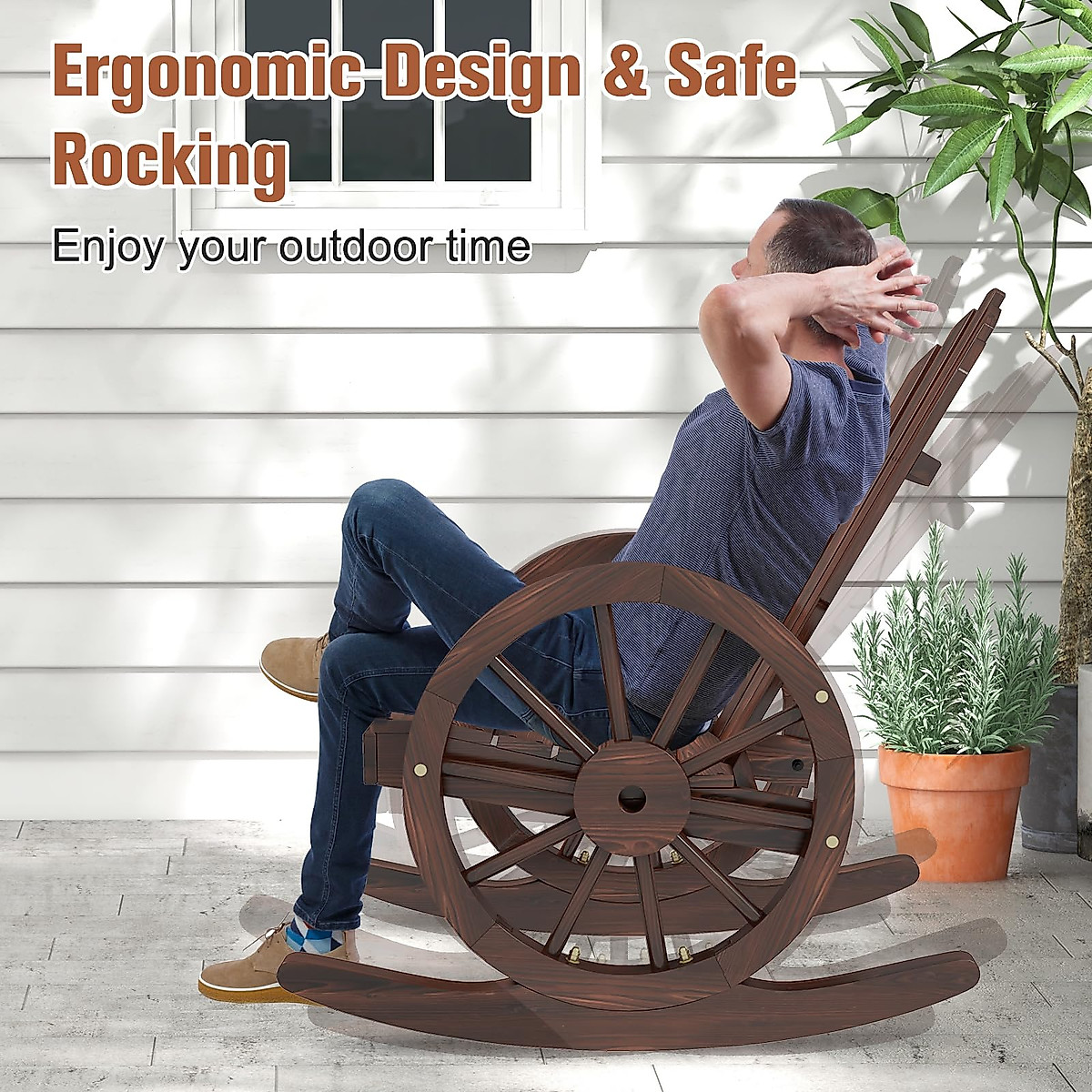 ide·o Outdoor Wood Wagon Bench - with Wheel Armrest Rustic Fir Wooden Patio Lounge Rocker for Patio Garden Country Yard