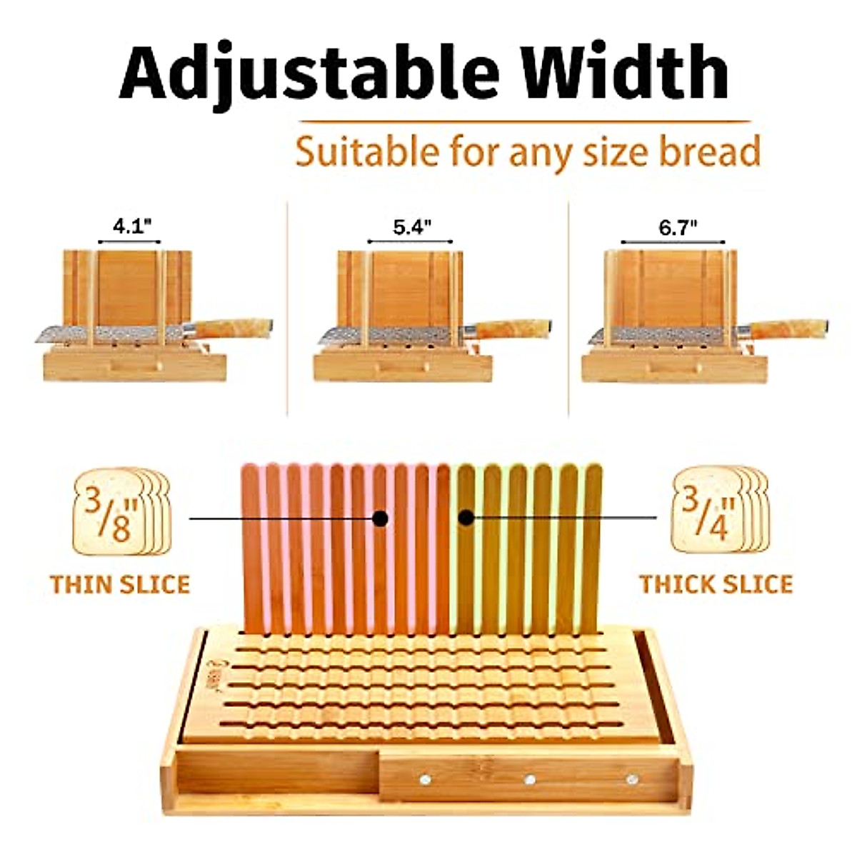 Bread Slicer for Homemade Bread, Adjustable Thickness and Width Slicing Guides, Plug in Slicer Guide Design, with Crumb Tray, Damascus steel pattern knife, for Cakes, Bagels